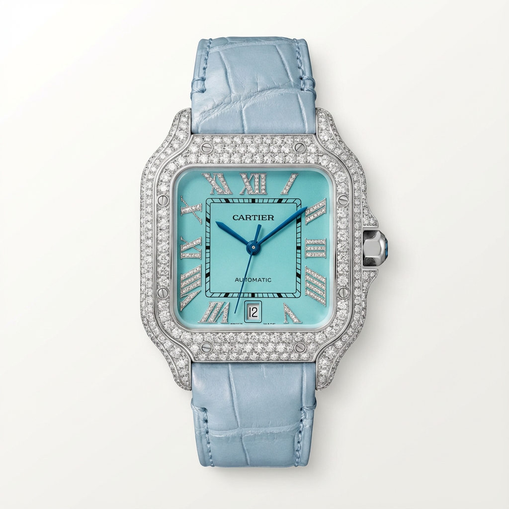 Cartier Santos 42MM Light Blue Roman Diamond Dial & Bezel 💎 Light Blue ...