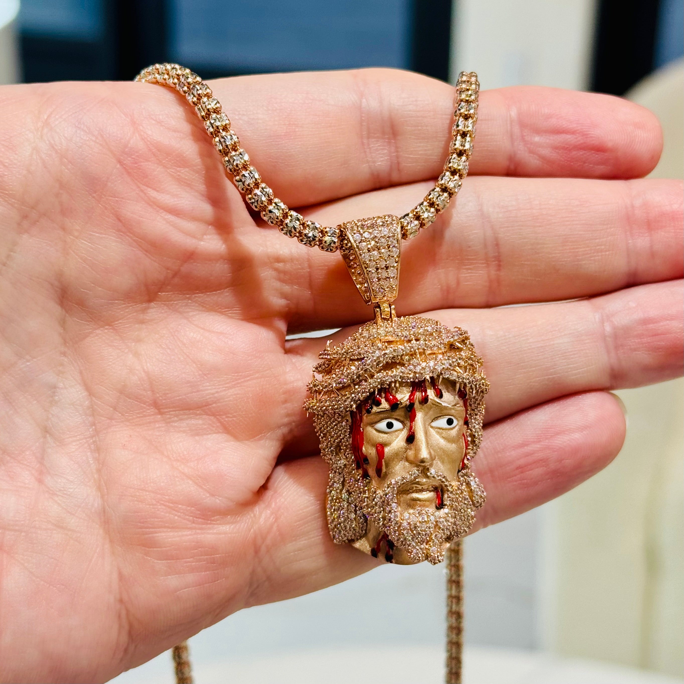 14 K Rose Jesus Face 3D CZ Pendant W/ Moon Iced Chain (3.8MM - 24” inc ...